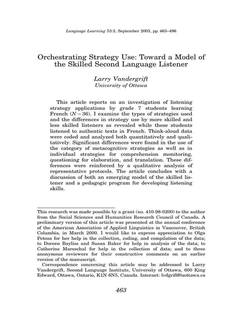 Vandergrift 2003 Pdf Metacognition Second Language