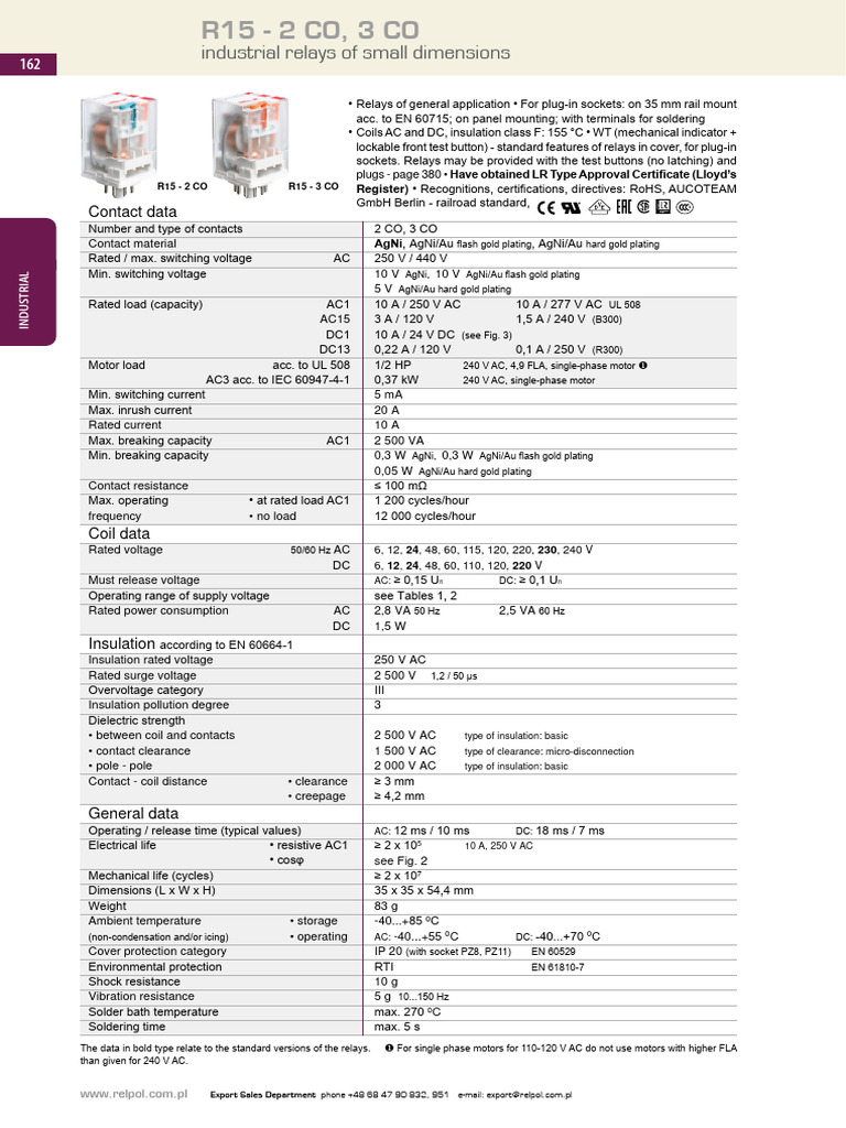 Relpol Serie r15 Datasheets | PDF | Alternating Current | Relay