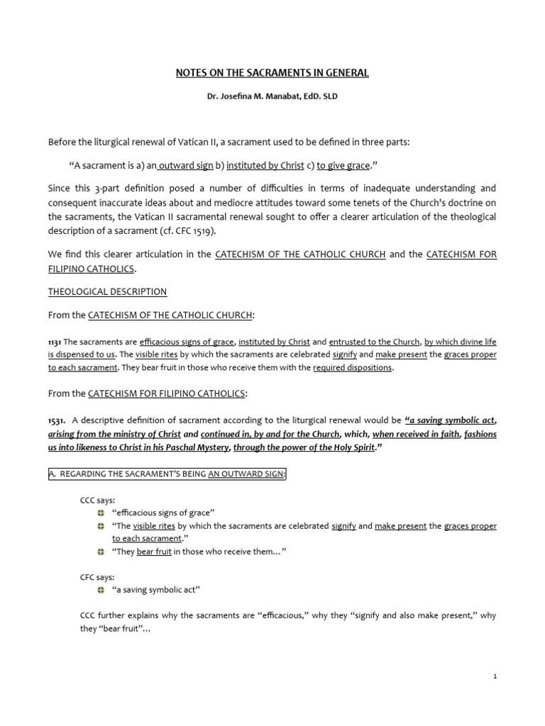 Notes On Sacraments in General | PDF | Eucharist | Catholic Church