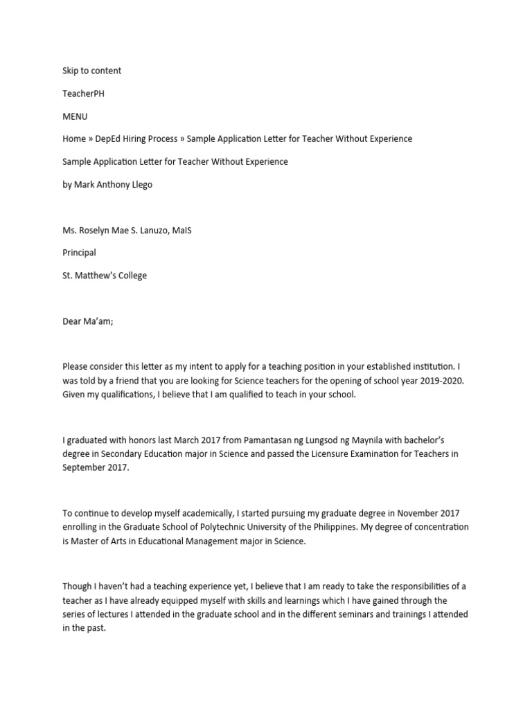 Application Letter For Teacher | PDF | Teachers | Academic Degree