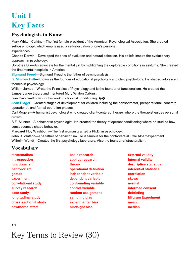 Unit 1 Key Terms | PDF | Psychology | Mean