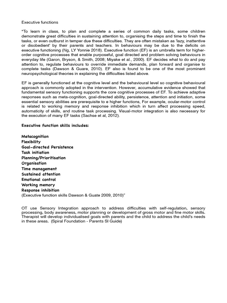 OT Executive Functions Report | PDF | Executive Functions | Metacognition