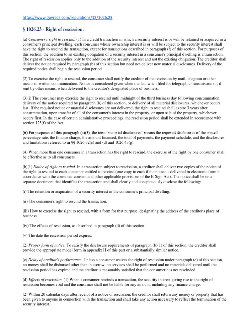 12 1026.23 Right of Rescission | PDF | Refinancing | Private Law