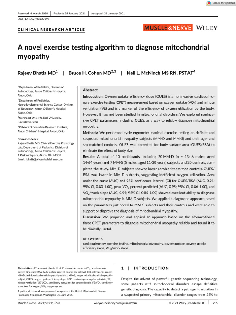 A Novel Exercise Testing Algorithm To Diagnose Mitochondrial Myopathy ...