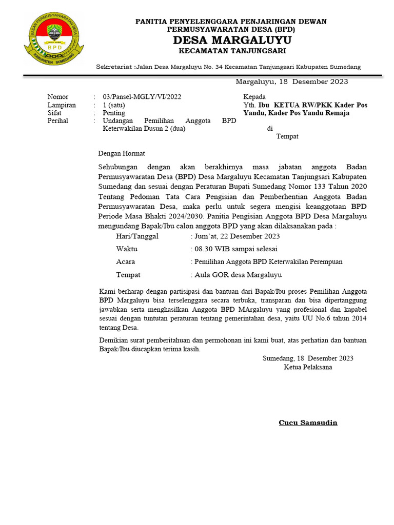 Surat Undangan Calon Anggota BPD Margaluyu 2023 | PDF