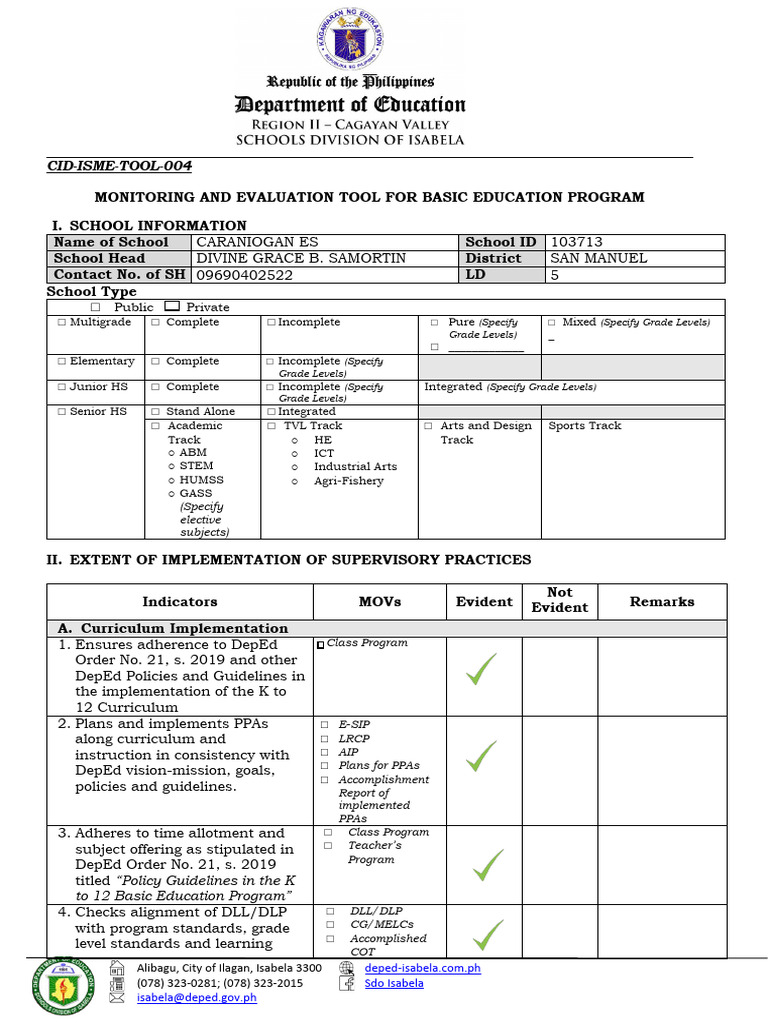 CID ISME FORM 004 Monitoring and Evaluation Tool For Basic Education ...