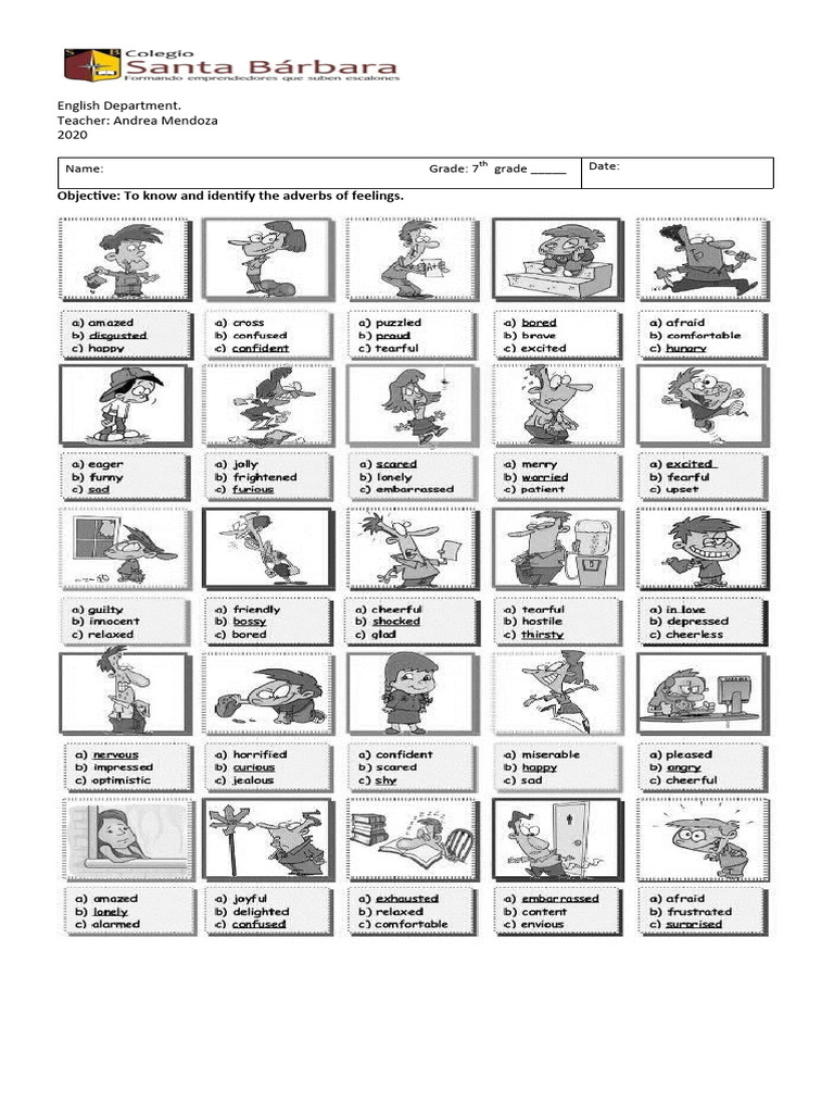 7th Grade Adjectives of Feelings | PDF