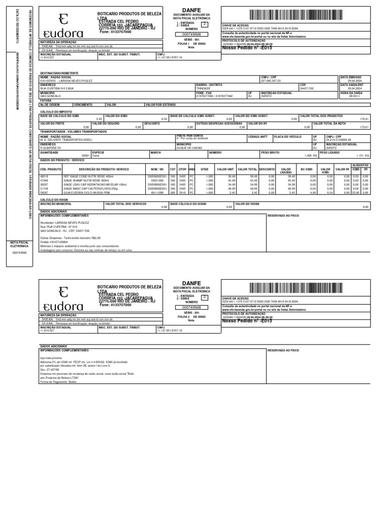 Danfe: Nosso Pedido Nº - E015 | PDF | Tecnologia bancária | Business