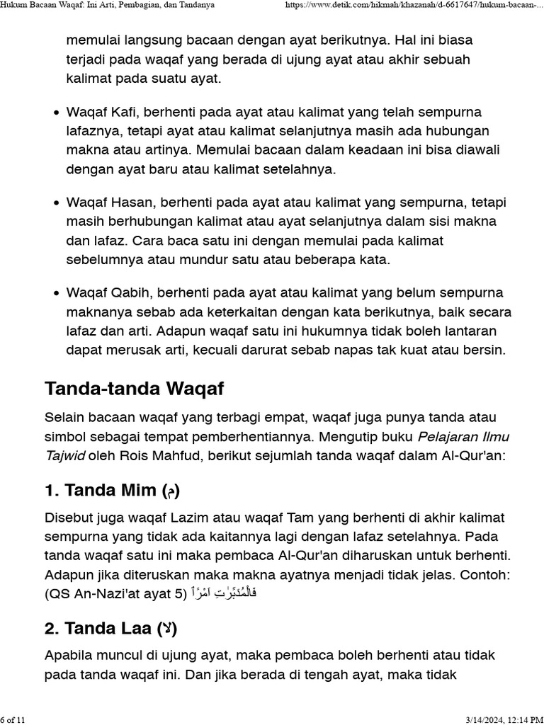 Hukum Bacaan Waqaf Ini Arti, Pembagian, Dan Tandanya | PDF