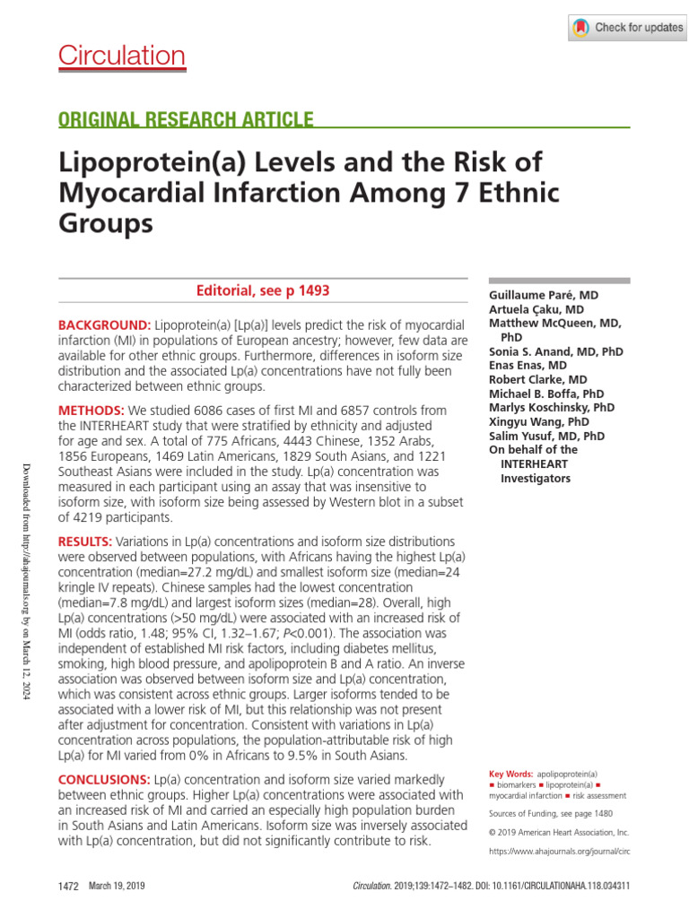 Paré Et Al 2019 Lipoprotein (A) Levels and The Risk of Myocardial ...