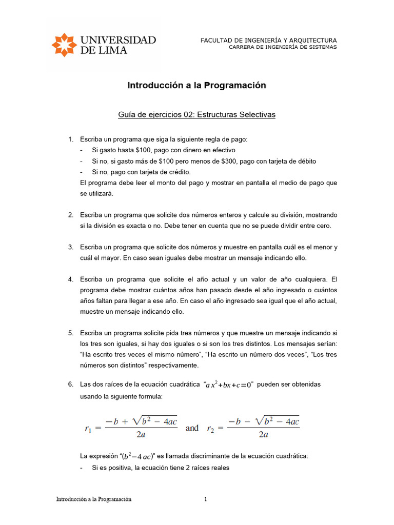 IaP-Guía de Ejercicios 02 | PDF | Ecuación cuadrática | Ecuaciones