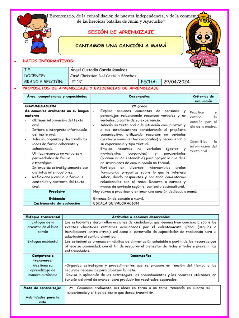 Sesión De Aprendizaje Cantamos Una Canción A Mamá Descargar Gratis