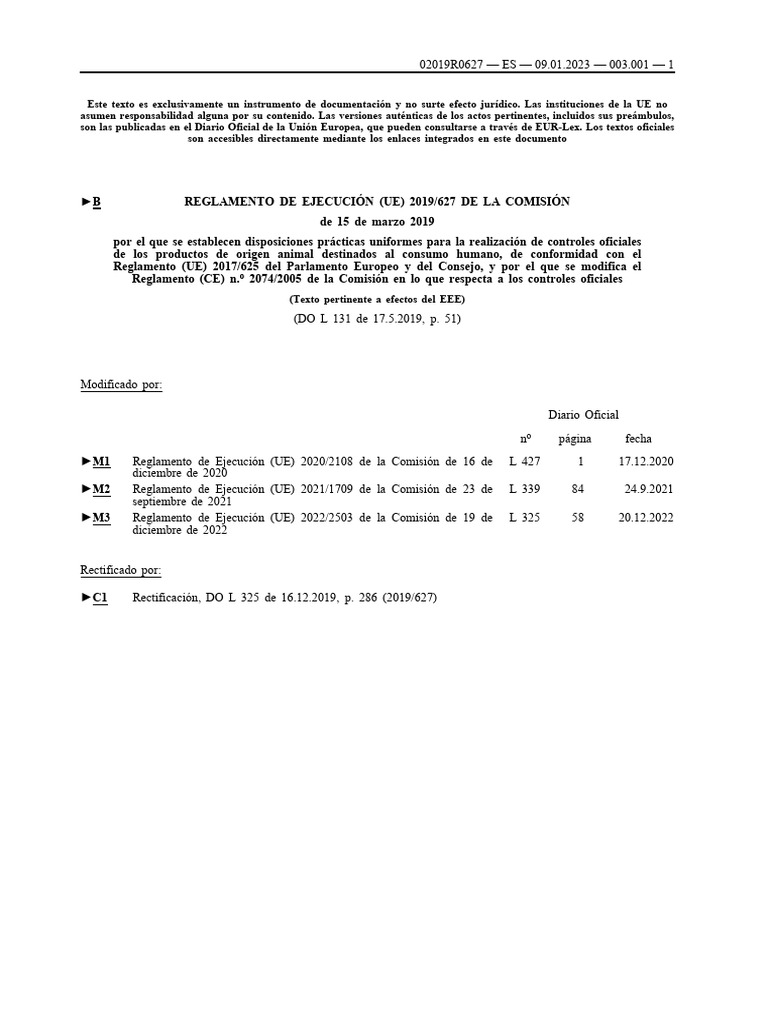 Reglamento de Ejecución (UE) 2019-627 - Disposiciones para Control Oficial y Metodos de Ensayo ...
