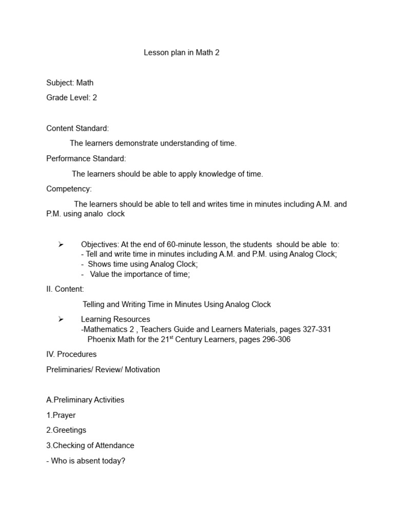 Math Lesson Plan: Telling Time in 2nd Grade | PDF | Learning | Lesson Plan