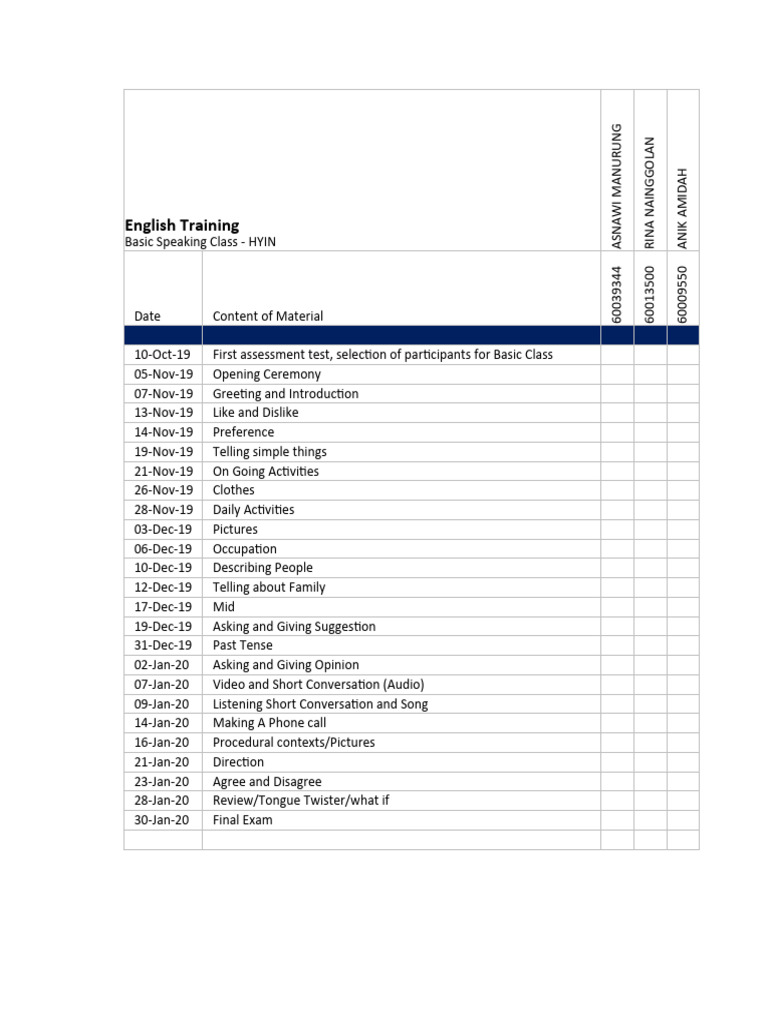 Basic English Speaking Class Schedule | PDF