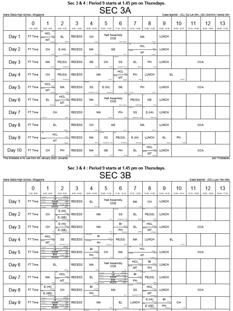 2022 Sem 1 Timetable Sec 3 | PDF