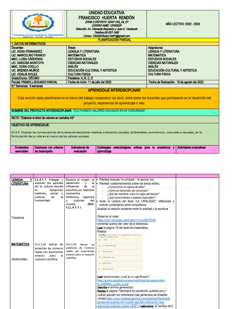Planificaciones Proyecto Interdisciplinar Décimo | PDF | Aprendizaje