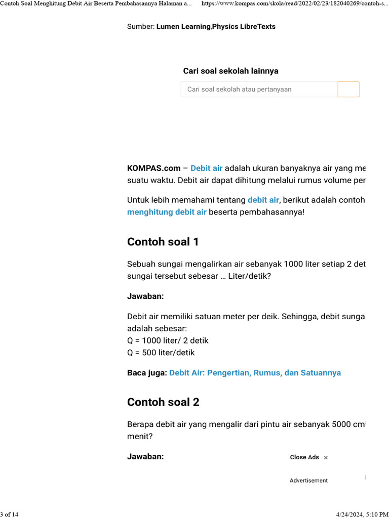Contoh Soal Menghitung Debit Air Beserta Pembahasannya Halaman All | PDF