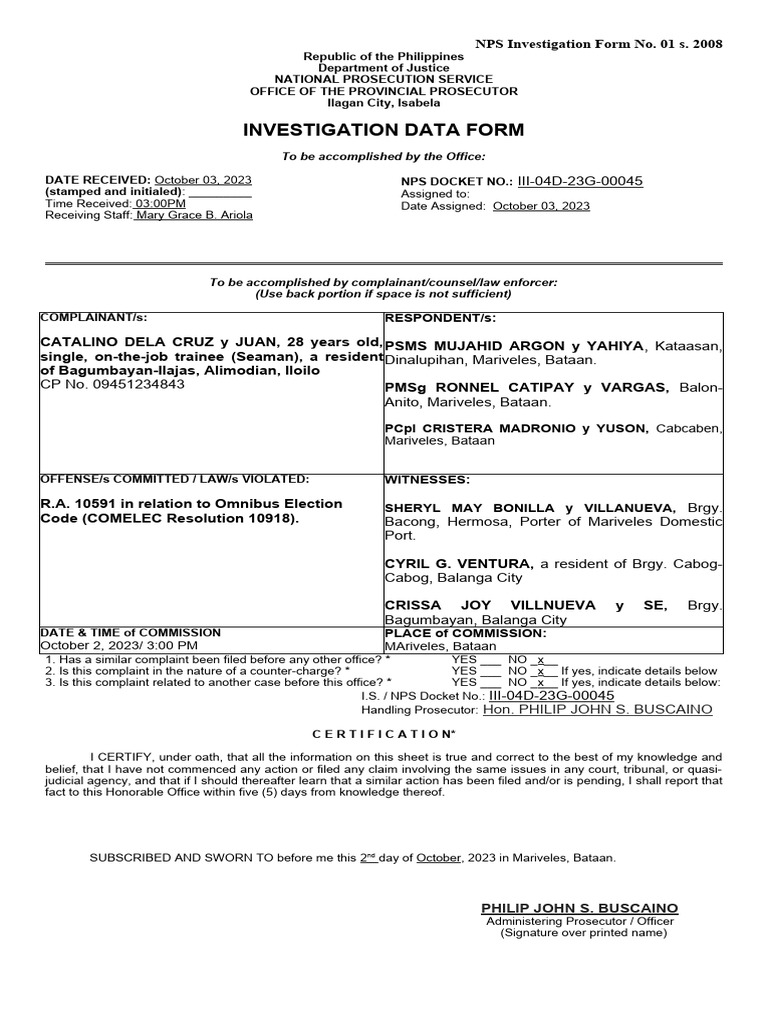 Investigation Data Form (IDF) | PDF | Prosecutor | Public Law