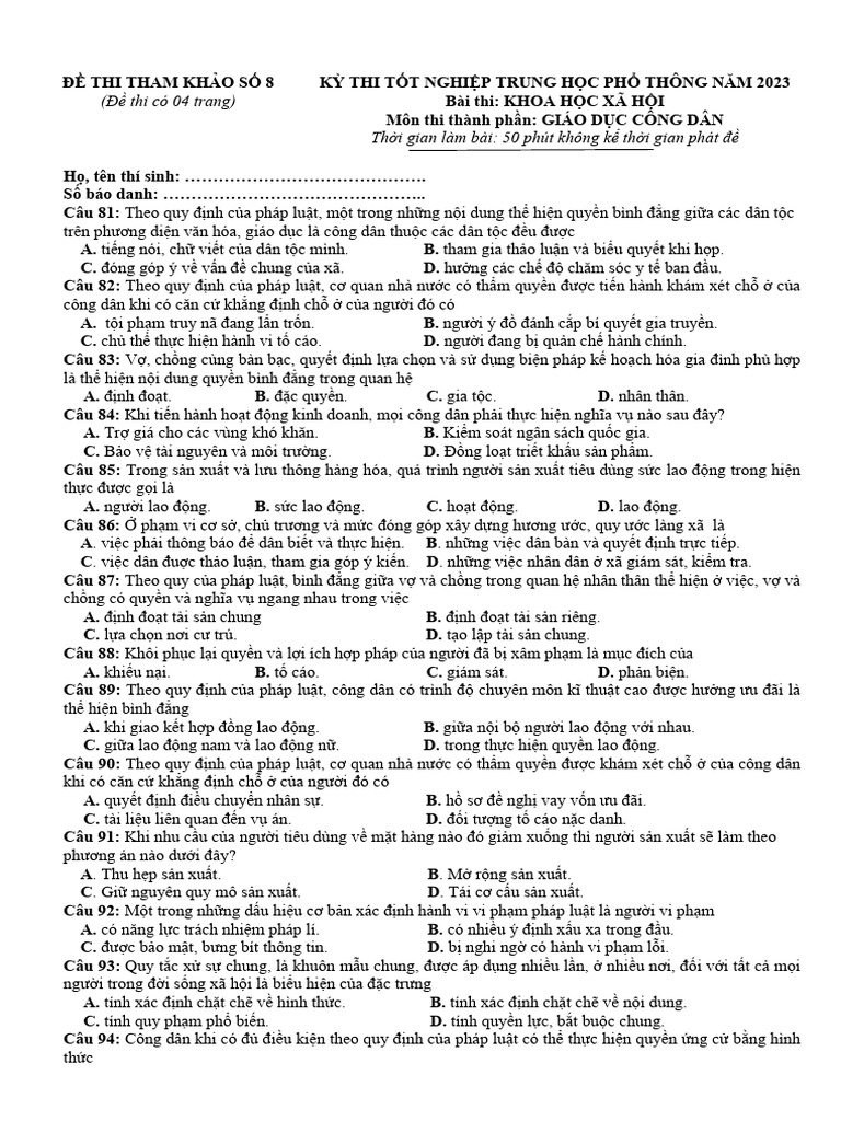 Ondy - 08. ĐỀ VIP 8 - Phát Triển Theo Đề Minh Họa Của BGD Năm 2023 - Môn GDCD | PDF