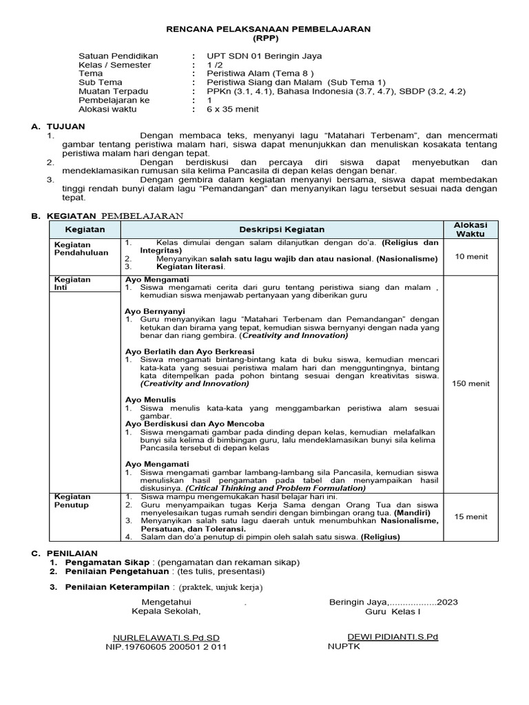 RPP Kelas 1 Tema 8 | PDF