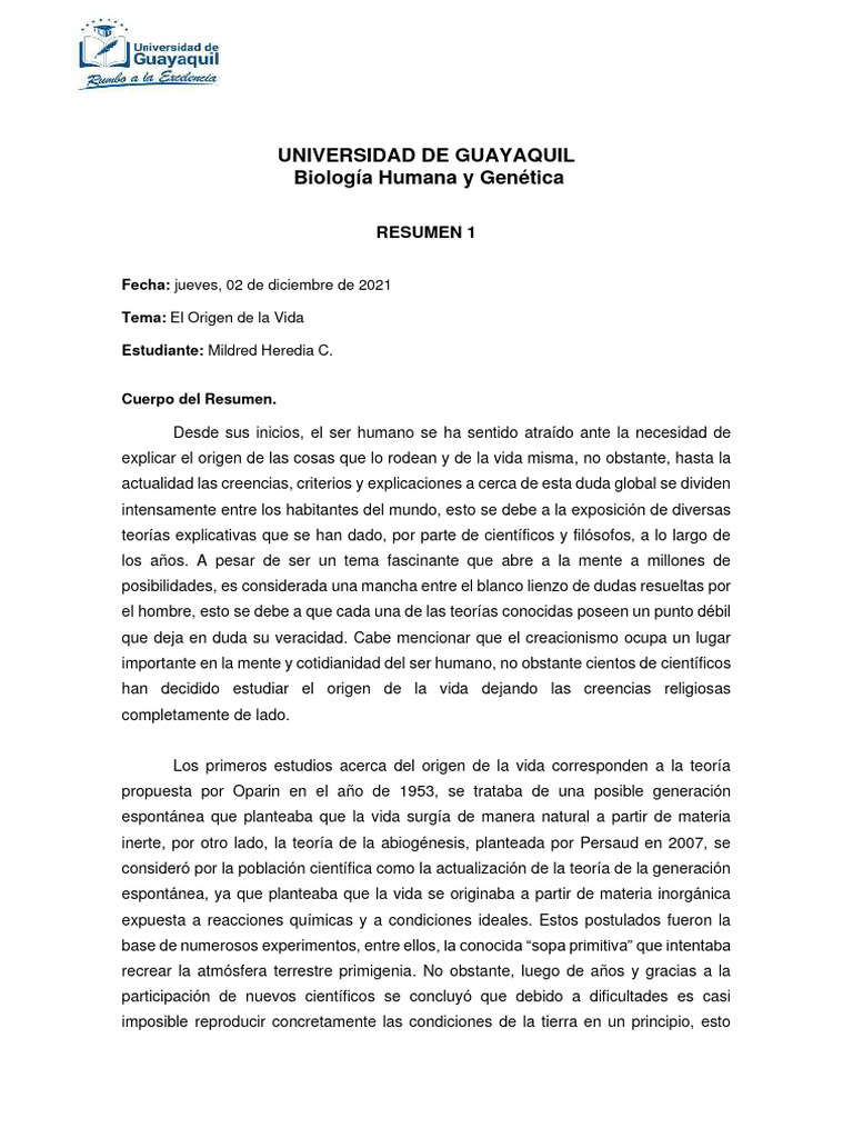 Resumen 1 | PDF | Abiogénesis | Vida