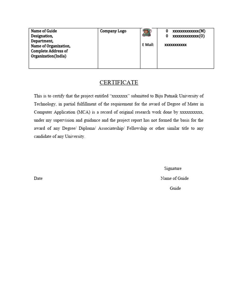 MCA Project Certification Template | PDF