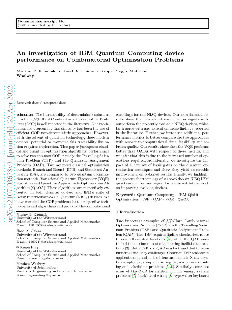 An Investigation of IBM Quantum Computing Device Performance On Combinatorial Optimisation ...
