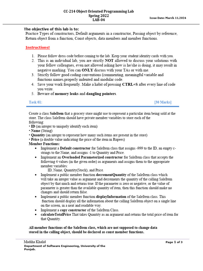 In Lab 04 Tasks Pdf Programming Constructor Object Oriented Programming 6559