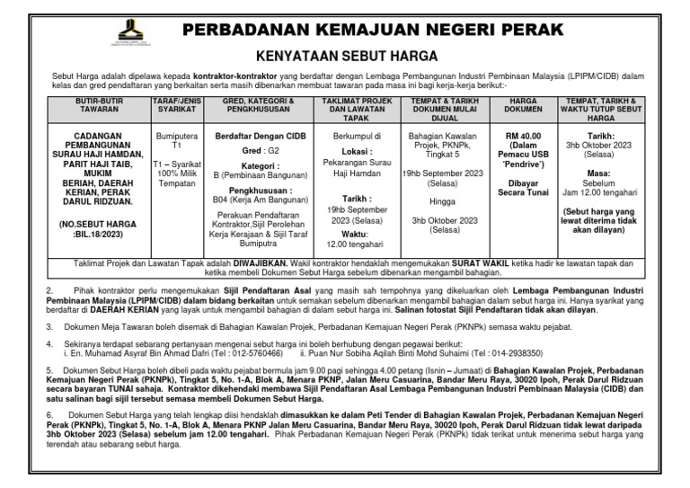 Iklan Cadangan Pembangunan Surau Haji Hamdan, Parit Haji Taib (SH18-23) | PDF