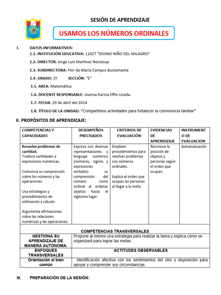 Sesión Mat - Usamos Los Números Ordinales | PDF | Evaluación | Aprendizaje