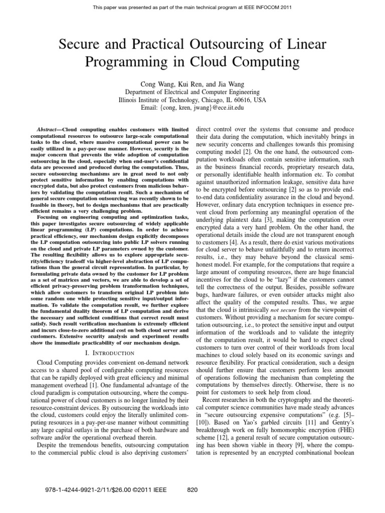 Secure and Practical Outsourcing of Linear Programming in Cloud Computing | PDF | Linear ...