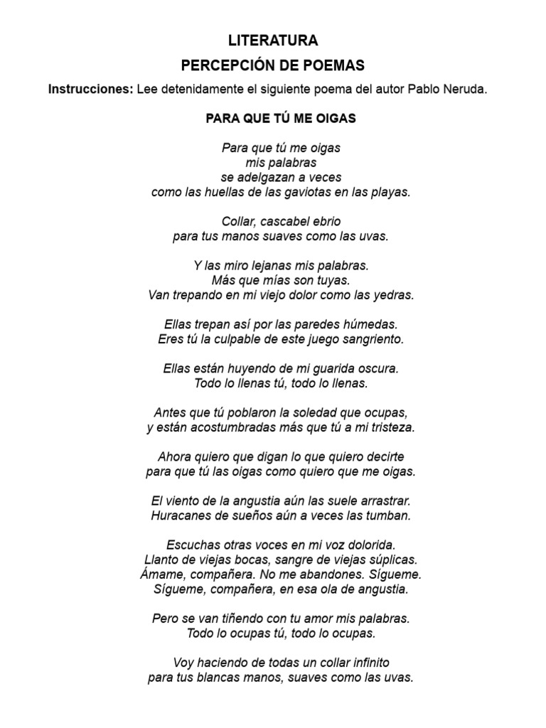 Poema "Para que tú me oigas" de Neruda | PDF