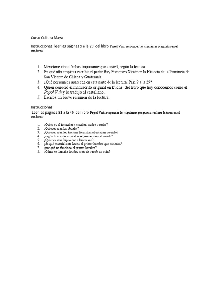 Preguntas y Resumen del Popol Vuh | PDF