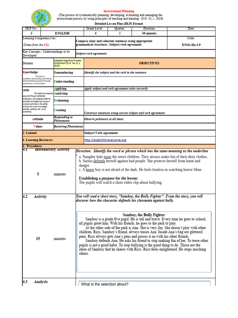 Co - Dlp-Subject-Verb Agreementw1 - Q2 | PDF | Grammatical Number ...
