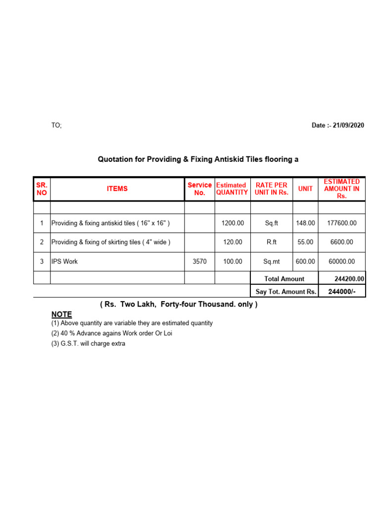 Quotation Providing & Fixing Antiskid Tiles | PDF | Technology ...