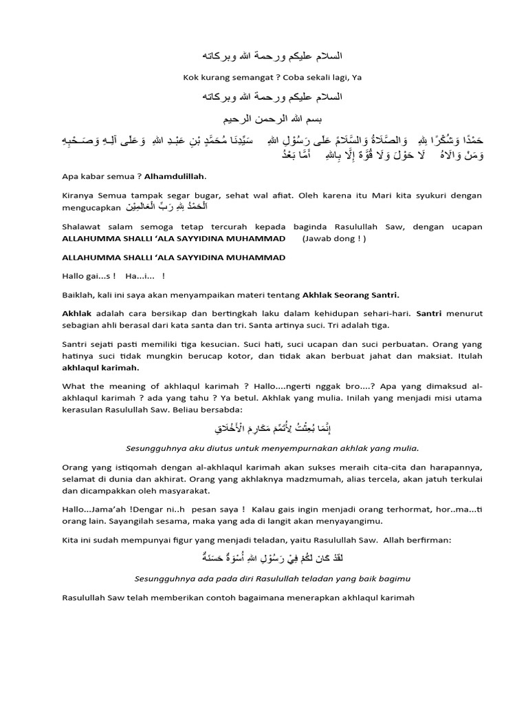 Pidato Hari Santri Akhlak Seorang Santri | PDF