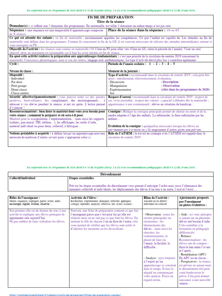 Fiche de préparation maternelle 2020 | PDF | Pédagogie | Apprentissage
