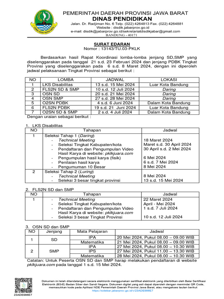 Surat Edaran Lomba SD SMP Dan PDBK 15032024 120204 Signed | PDF