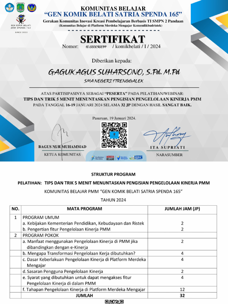 Sertifikat - GAGUK AGUS SUHARSONO, S.Pd. M.PD - PDF | PDF
