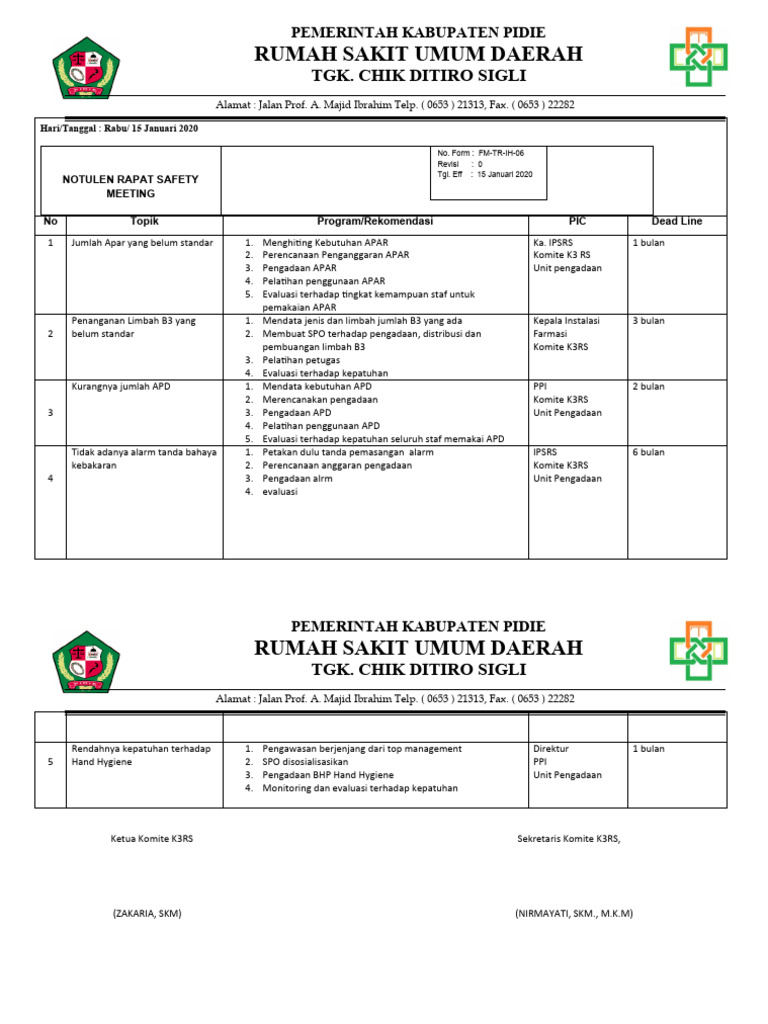 FORM 01 NOTULEN RAPAT KOMITE K3 RS RSUD Komite | PDF