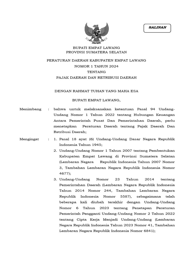 PERDA - 1 - 2024 Retribusi | PDF