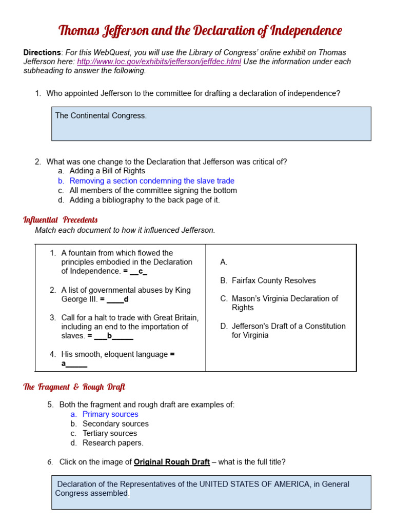 Jefferson and The Declaration WebQuest - 18421106 | PDF | Thomas ...