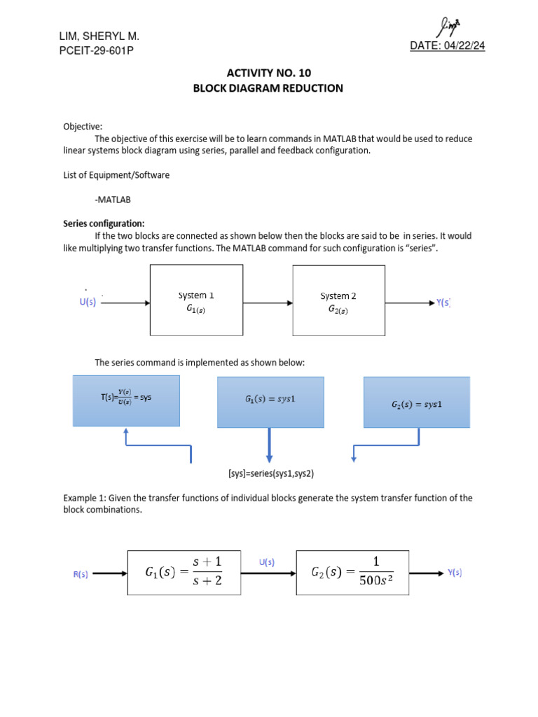Lim - Consyslab-Activity 10 Block Diagramming | PDF | Matlab | Control ...