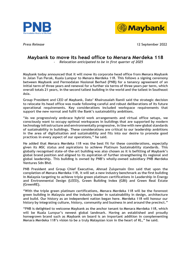Maybank To Move Its Head Office To Menara Merdeka 118 | PDF | Lease