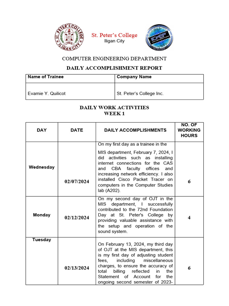 QUILICOT-OJT Accomplishment Report | Download Free PDF | Computing