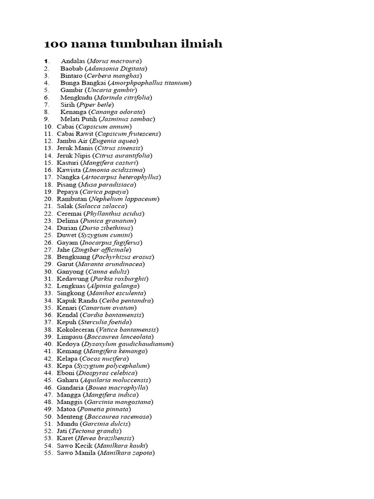 100 Nama Tubuhan Ilmiah | PDF | Griya & Taman | Sains & Matematika