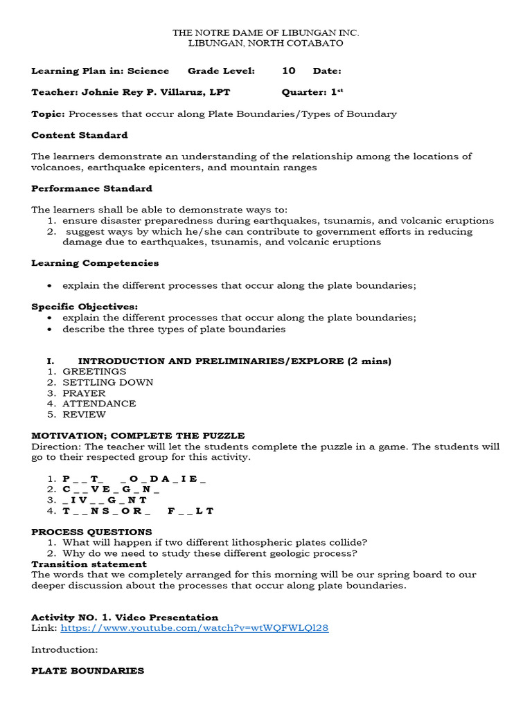 LP-G10 Processes and Types of Boundaries | PDF | Plate Tectonics | Volcano