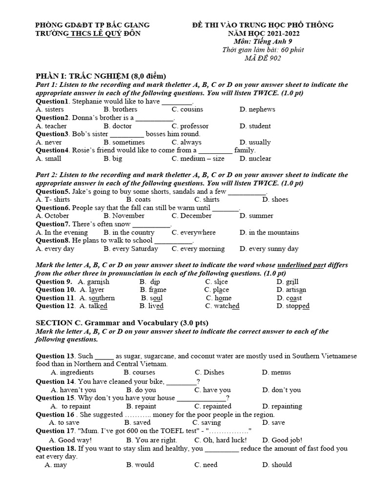 THI THỬ THÁNG 4 MẪ ĐỀ 902 | PDF | Fish