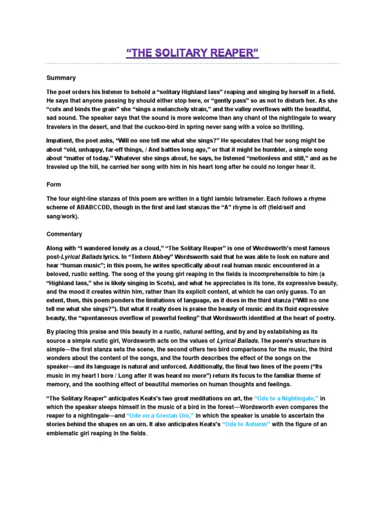 Wordsworth's Solitary Reaper Poem Analysis | PDF | British Poetry | Poetry